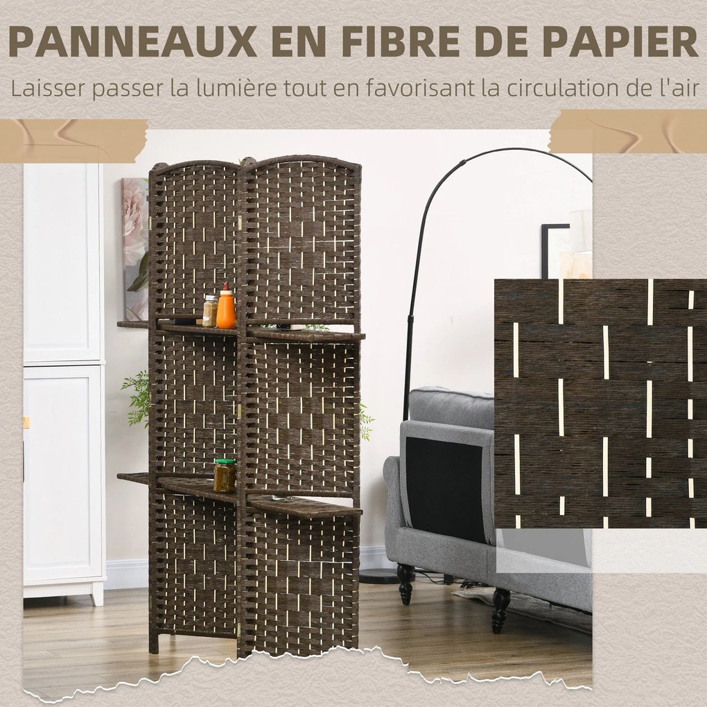 HOMCOM Paravan 4 Panely 160 x 170 cm s 2 Policemi, Skládací, Borovicové Dřevo pro Kancelář, Obývací Pokoj, Ložnici, Hnědý