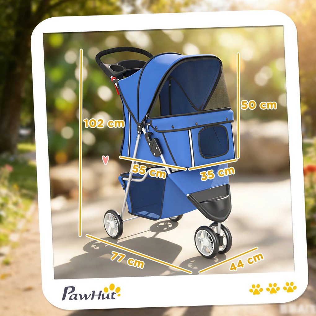PawHut skládací kočárek pro malé psy — síťovaná okénka, úložný koš a držák na nápoj, nosnost 10 kg, modrý