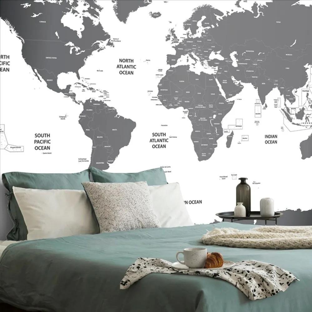 Samolepící tapeta mapa světa s jednotlivými státy v šedé barvě - 150x100 cm