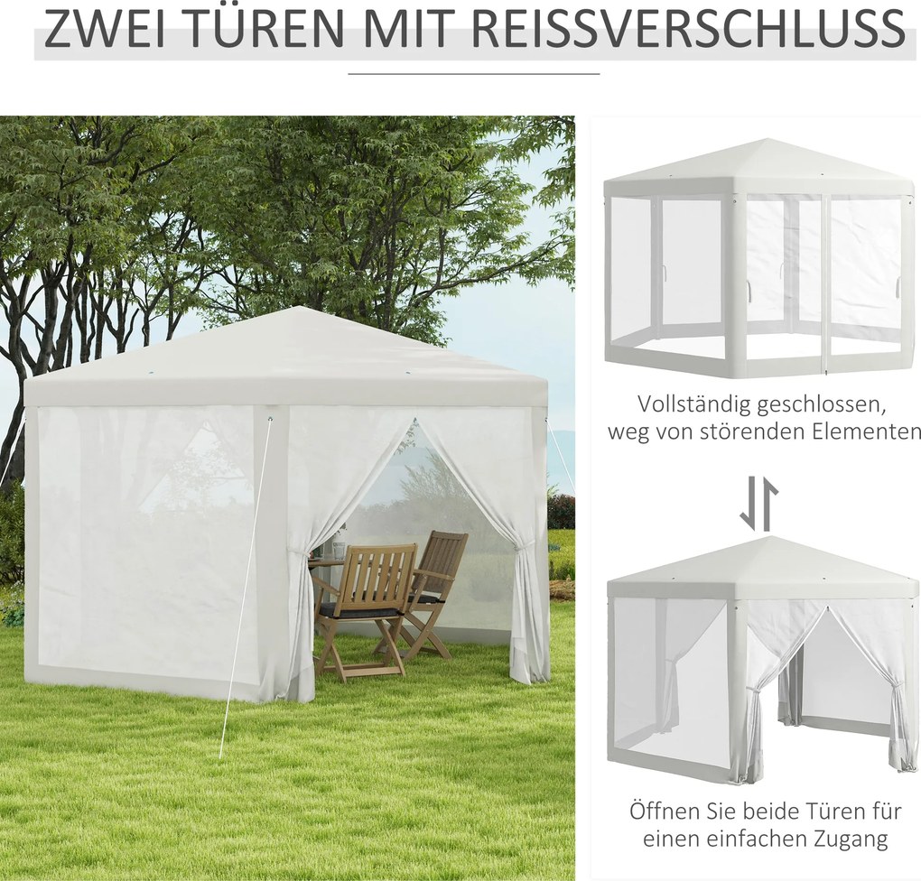 Outsunny Pavilon 4x3m Hexagonální Voděodolný Stabilní Zimní Pavilon s Moskytiérou a 6 Bočními Panely pro Zahradní Akce, Krémová