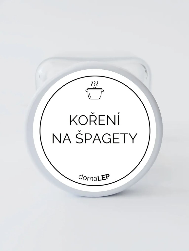 Samolepka na kořenky KOŘENÍ NA ŠPAGETY bílá 5 cm základní písmo
