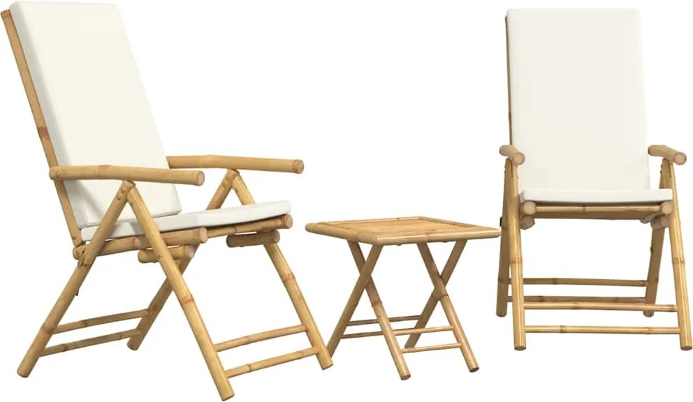 3dílný skládací bistro set s krémově bílými poduškami bambus 3208931
