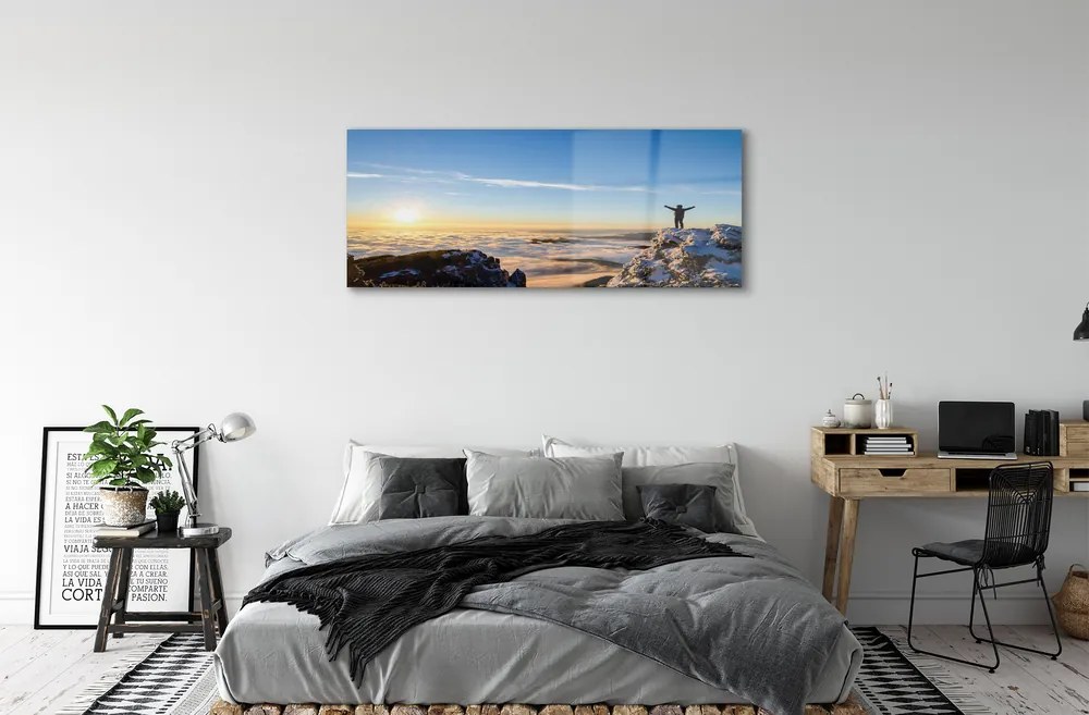 akrylový obraz Mountain muž mraky východ 120x60 cm
