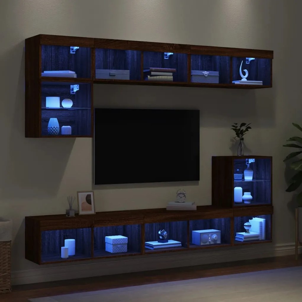 8dílná obývací stěna s LED hnědý dub kompozitní dřevo - Default Title