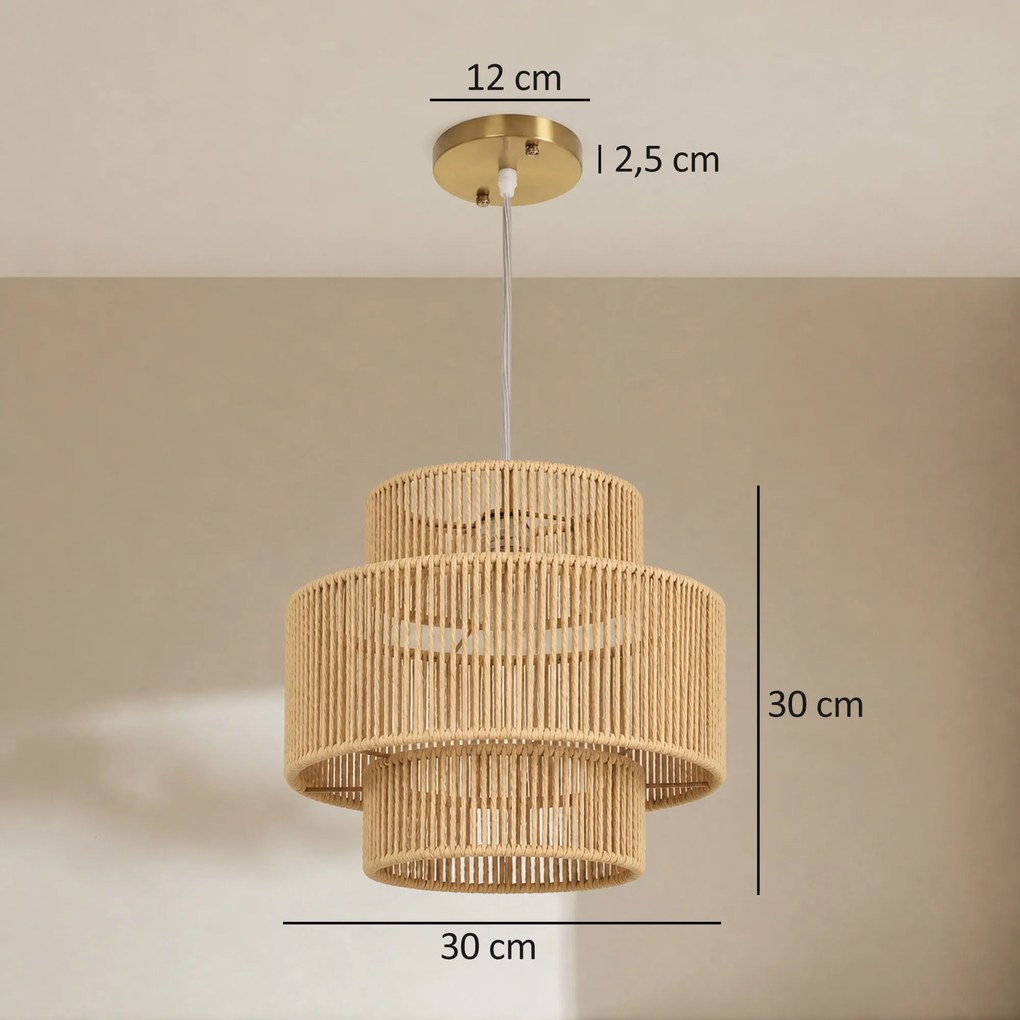 HOMCOM Závěsná lampa, 3stupňové stínidlo, kov, konopné lano, světle hnědá B31-521V01LR