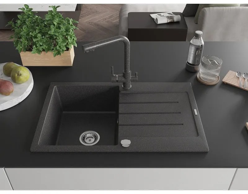 Mexen Bruno, 1-komorový granitový dřez s odkapávačem 795x495x200 mm a černá skvrnitá baterie Duero, černá skvrnitá, 6513-76-671600-76