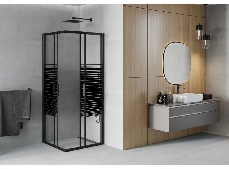 Mexen Rio, čtvercový sprchový kout s posuvnými dveřmi 70 (dveře) x 70 (dveře) x 190 cm, 5mm čiré sklo s pásky, černý profil, 860-070-070-70-20