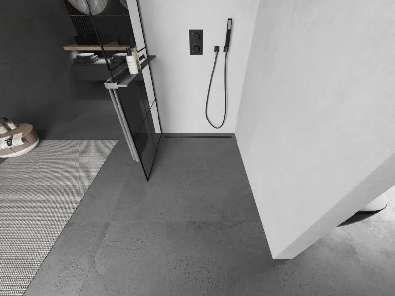 Mexen Kioto+ L, sprchová zástěna Walk-In s poličkou a věšákem 80 x 200 cm, 8mm čiré sklo černý vzor, grafitový profil, 800-080-123-66-77