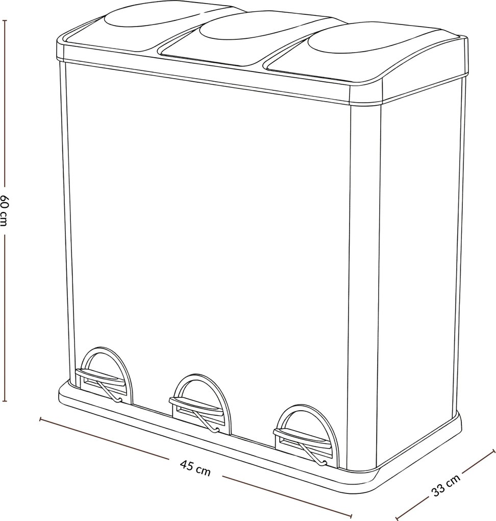 Tříkomorový koš na tříděný odpad ESLI, 60 l – stříbrný