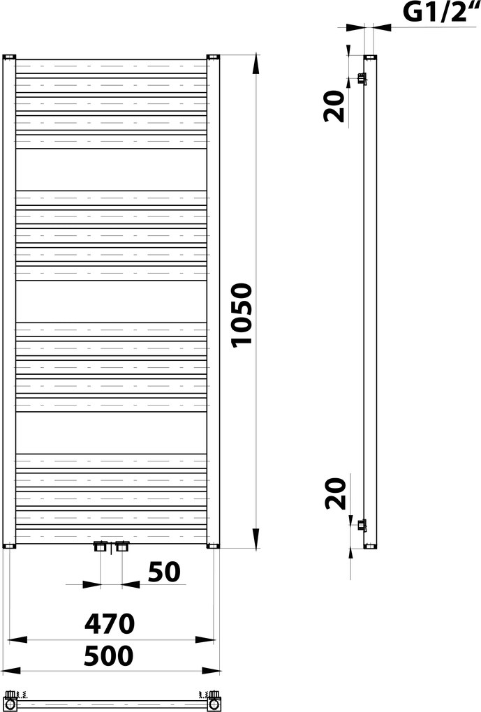 Bruckner Bruckner, GRUNT topné těleso 500x1050 mm, středové připojení, černý mat, 600.121.6