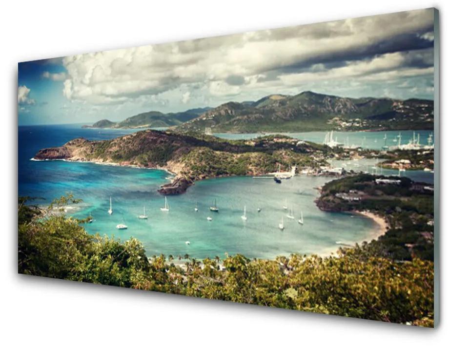akrylový obraz Záliv Loďky Krajina 140x70 cm