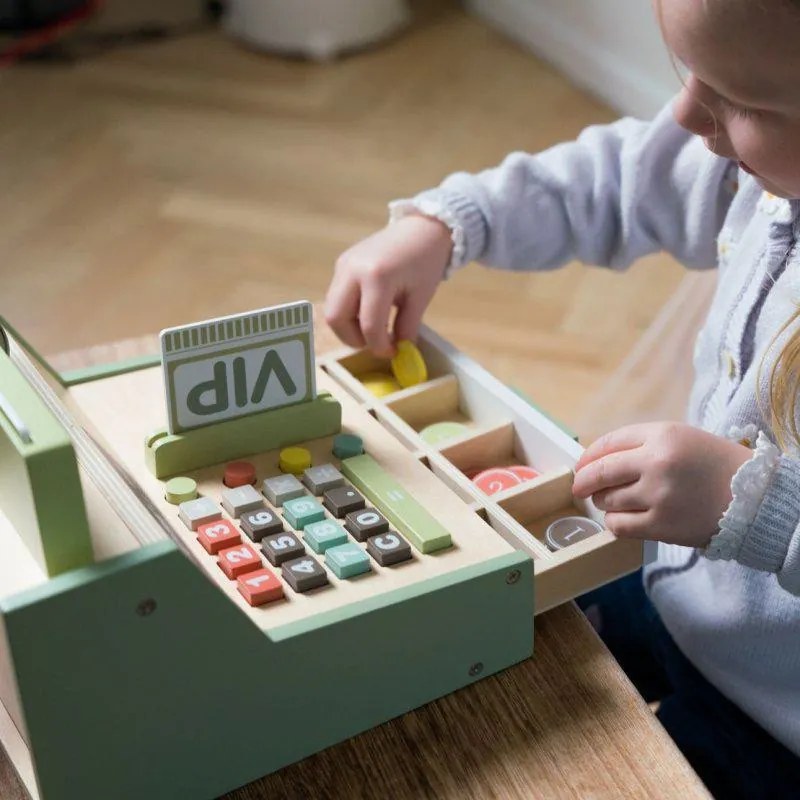 Dantoy Playful Wood dřevěná pokladna 17 ks
