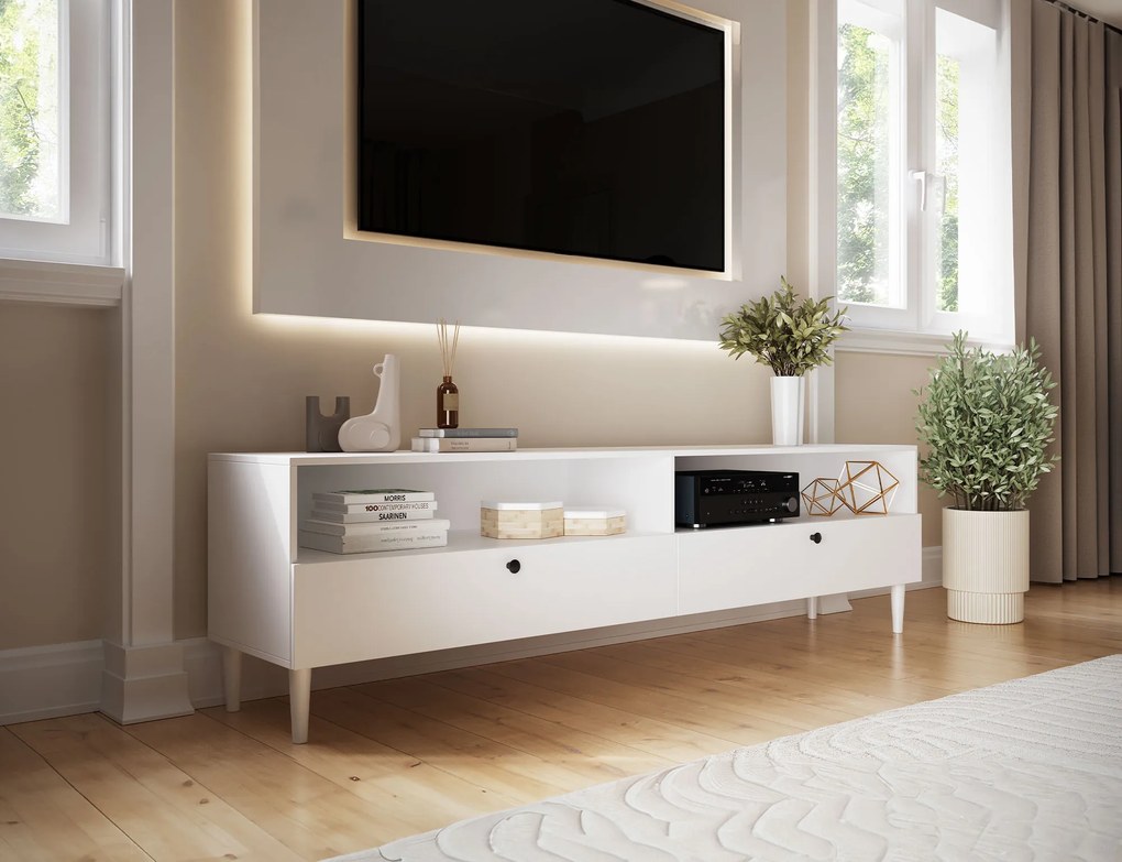 TV stolek s policí a skříňkami DULLUM 200x58cm, bílý