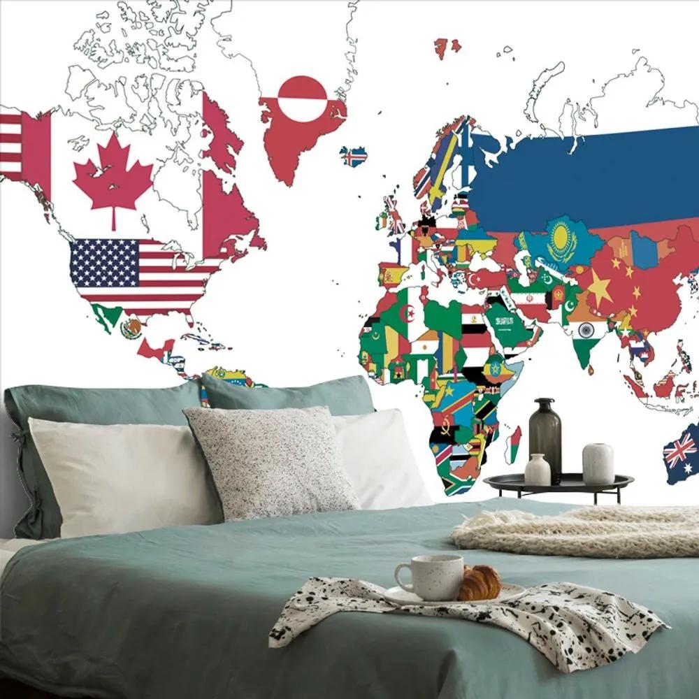 Samolepící tapeta mapa světa s vlajkami s bílým pozadím - 150x100 cm