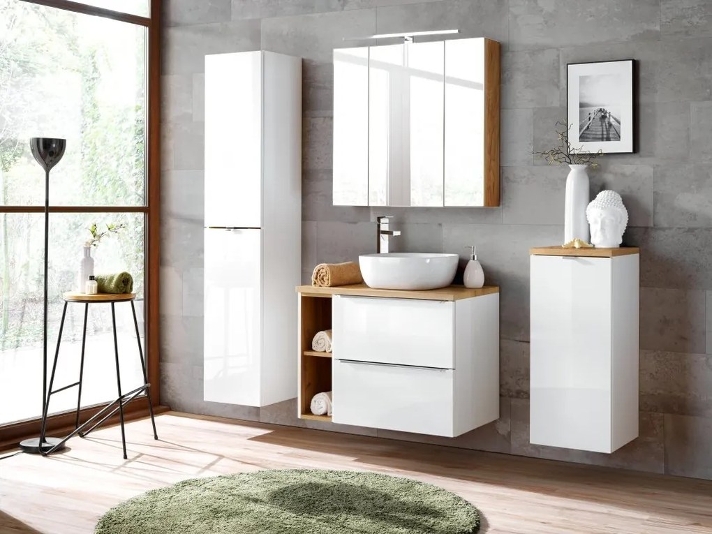 MAXIVA Koupelnová sestava - CAPRI white, 80 cm, sestava č. 1, lesklá bílá/zlatý dub