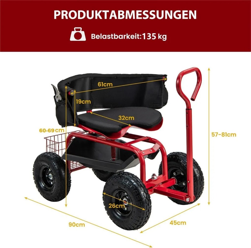 Costway Mobile Gardening Seat Zahradní vozík Řiditelný vozík na nářadí s úložným