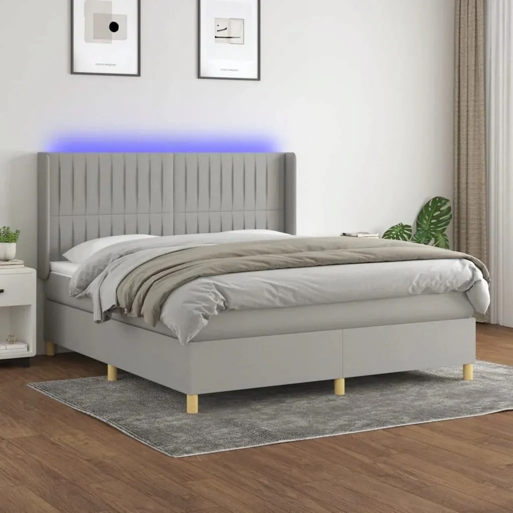 Box Spring Postel S Matrací A Led Textil Světle Šedá Svislé pruhy 160 x 2