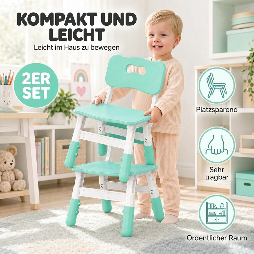 AIYAPLAY dětská židle k psacímu stolu, 2kusová sada, výškově nastavitelná 26-30 cm, ergonomické opěradlo, bez područek pro 1,5–8 let, zelená