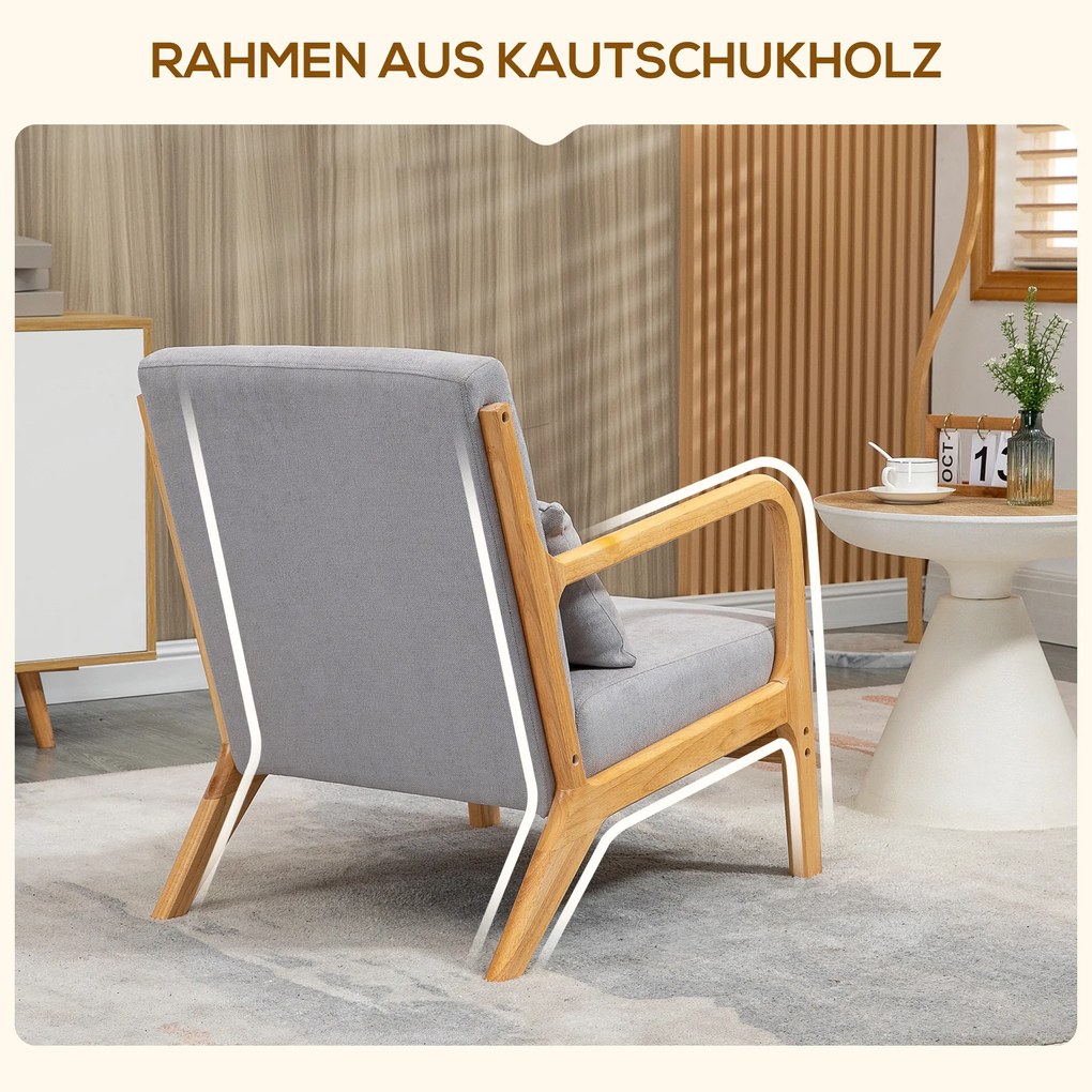 HOMCOM Lounge Křeslo Nordic Křeslo Obývací Pokoj S Rukama Polštář a Rám z Kaučukovníku pro Ložnici Nosnost 120 kg 61x78x76 cm Šedé