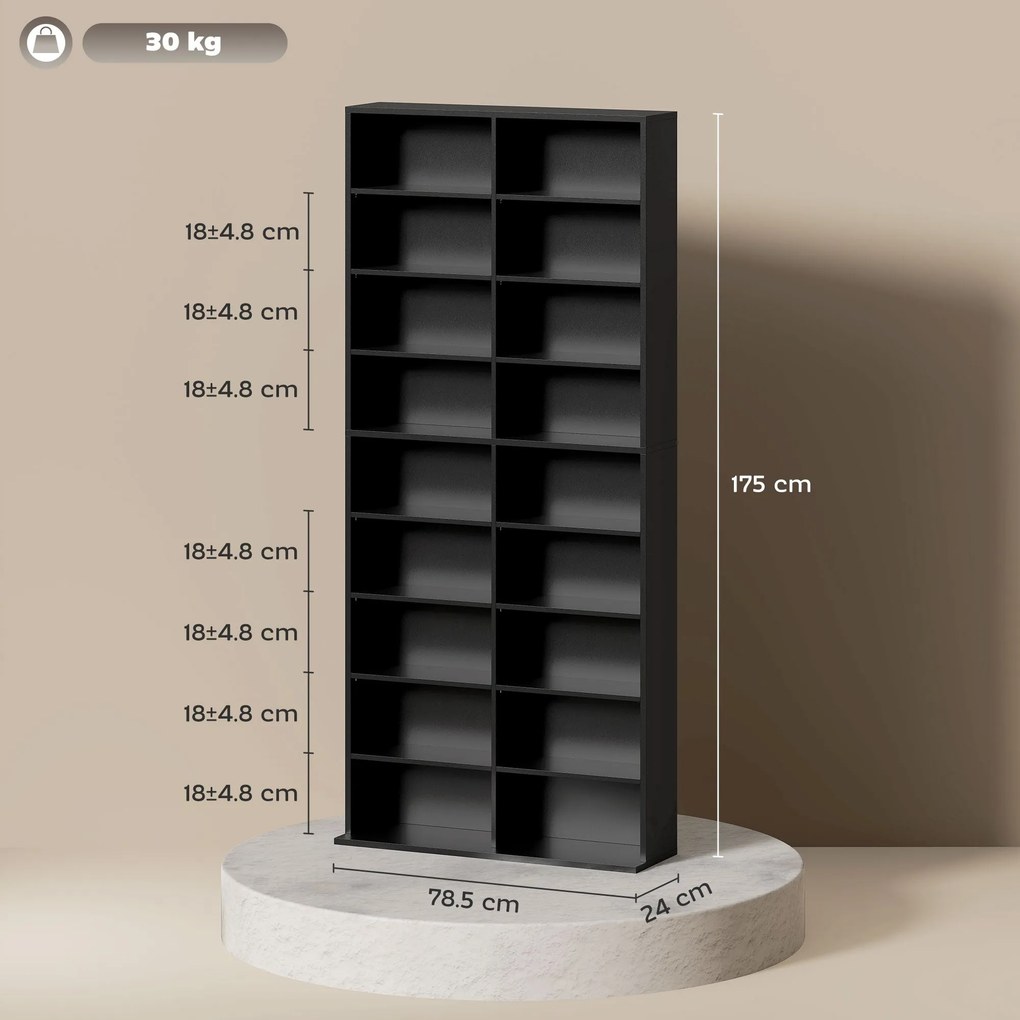 HOMCOM Moderní CD Kniha s 18 policemi pro 640 CD, Šatní skříň na CD z DTD, 78,5x24x175 cm, Černá