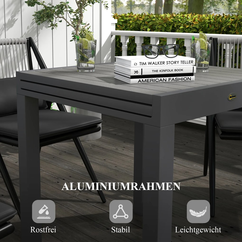 Outsunny zahradní stůl jídelní stůl pro 6 osob, rozkládací stůl na terasu do 70 kg, hliníková šedá 81/162 x 80 x 75 cm pro balkon a zahradu | Aosom.de
