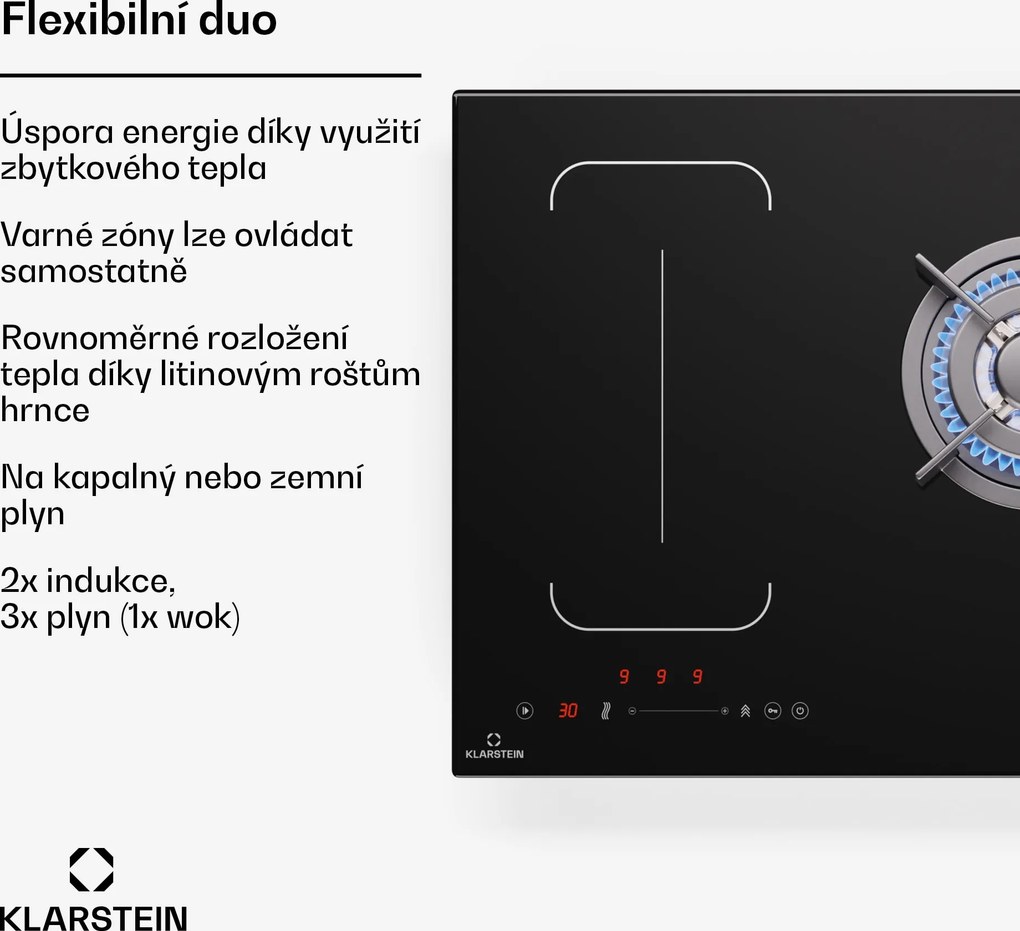 Klarstein MultiChef 5 Wok, indukční a plynová varná deska, 5 varných zón, 3 plynové hořáky, 2 indukční varné desky, FlexZone