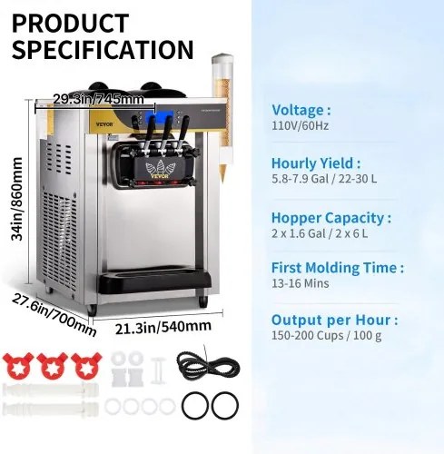 Komerční výrobník zmrzliny, výtěžnost 22-30 l/h, 2200 W