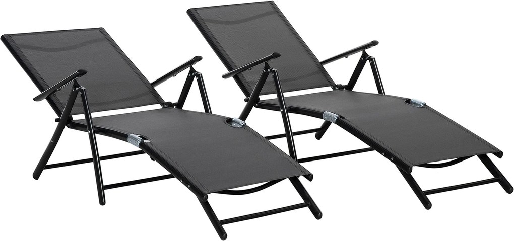 Set 2 skládacích zahradních lehátek Outsunny s 7-mi polohovým nastavitelným opěradlem, hliníkové lehátko na pláž s prodyšnou síťovinou, černé | Aosom