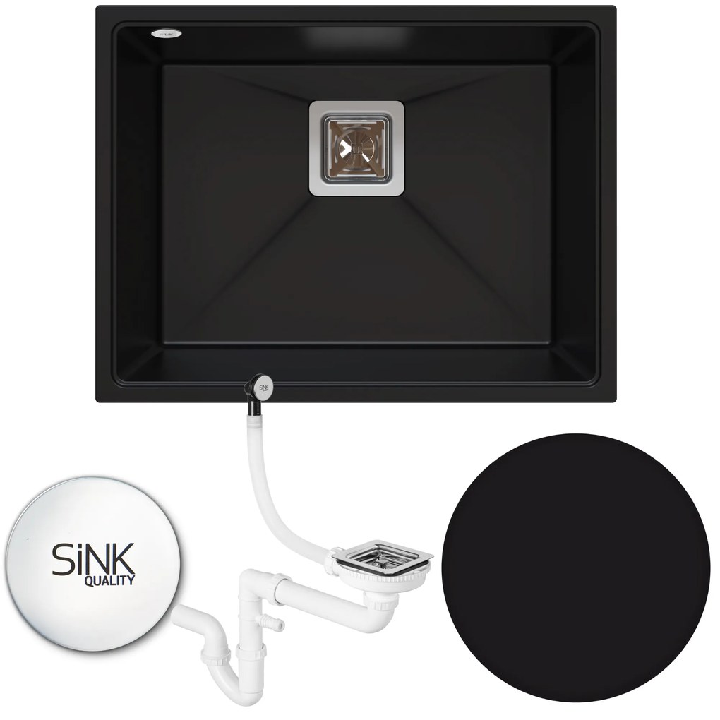 Sink Quality Argon 60, kuchyňský granitový dřez 550x420x225 mm + chromový sifon, černá, SKQ-ARG.C.1KBO.60.X