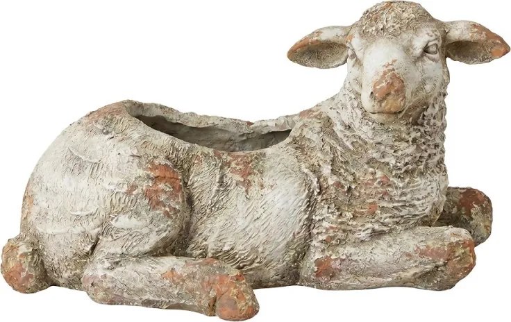Béžový antik dekorativní květináč venkovská ležící ovečka - 58*31*33 cm