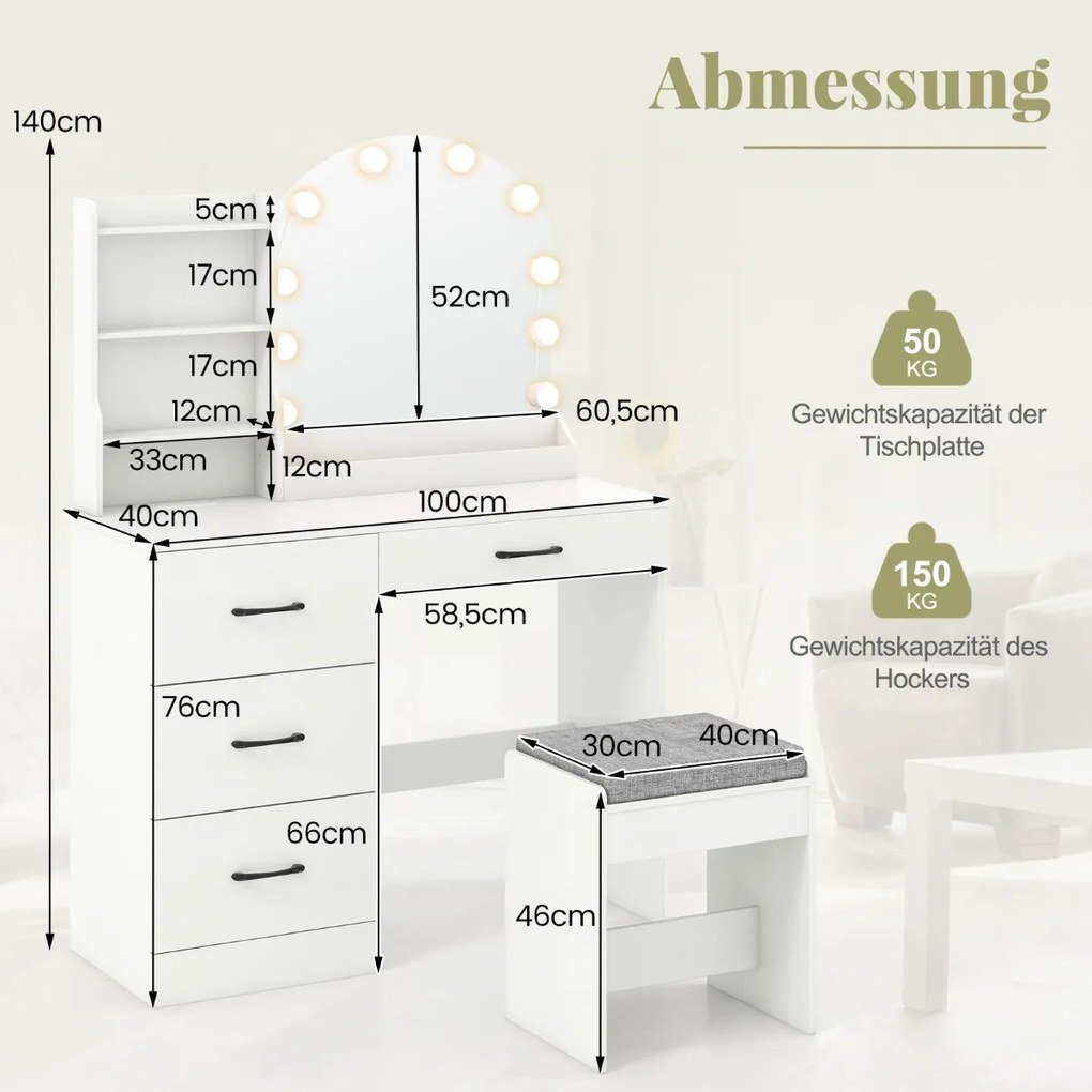 Costway Toaletní stolek s LED osvětlením 3 barvy s nastavitelným jasem, bílý