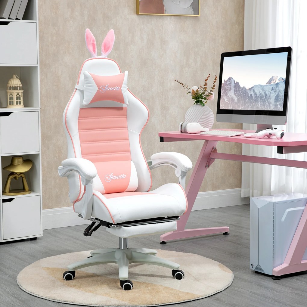 Ergonomická herní židle Vinsetto s bederní podporou, podnožkou a ušima králíčka, polštářkem na hlavu, kancelářská židle s nastavitelnou opěrkou zad R…