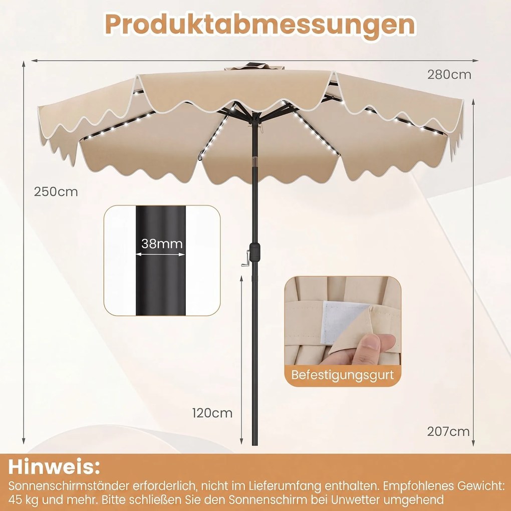 Costway Slunečník 270 cm se solárním LED osvětlením Větruodolný s 8 žebrováním