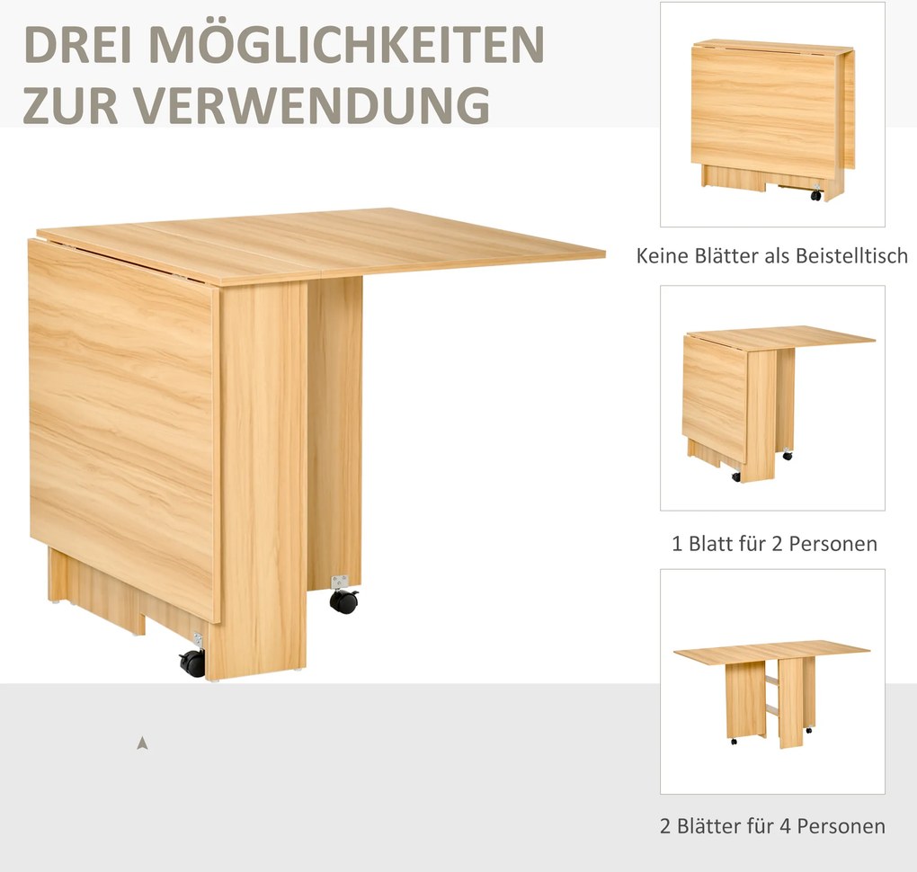 HOMCOM Skládací Jídelní Stůl s Kolečky a Sklopnými Křídly pro 4-6 Osob 80x140x74cm Přirozené Dřevo