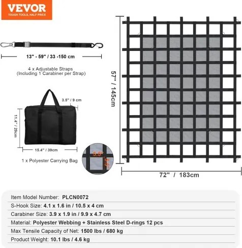 Síť na náklad Zesílené provedení Cargo Net 182,9 × 144,8 cm Nastavitelné přezky a