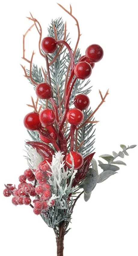 Dekorace zápich vánoční větvička s červenými kuličkami - 8*7*27 cm