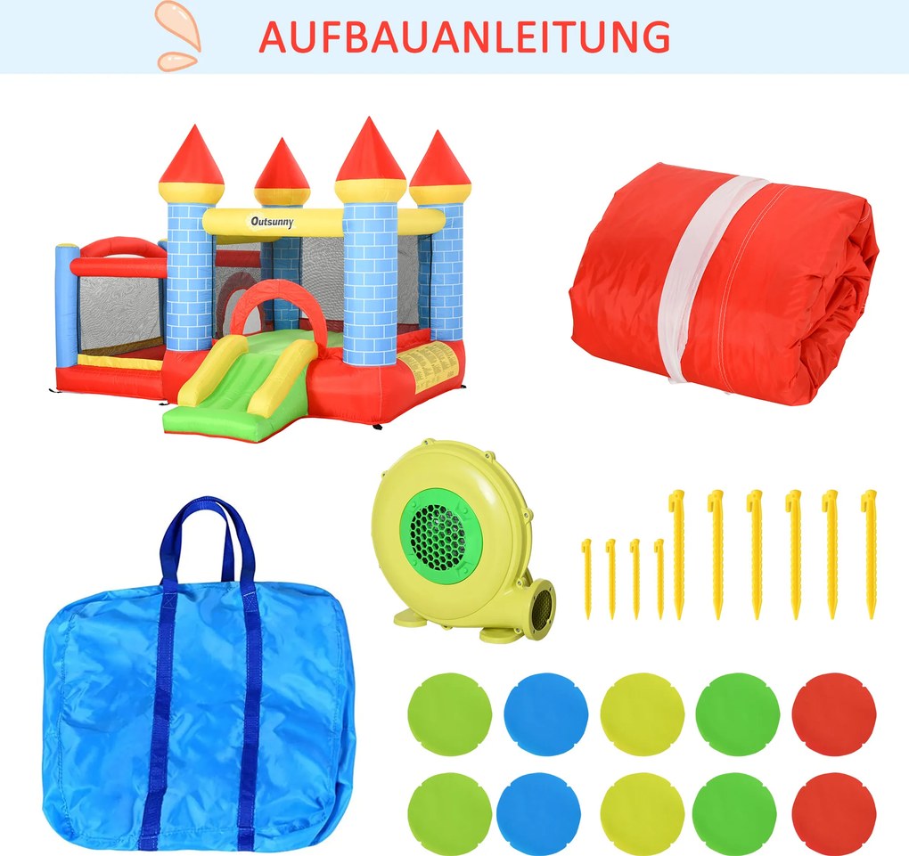 Outsunny skákací hrad s ventilátorem a skluzavkou, bazén, unese až 90 kg pro 3 děti, pro věk 3-8 let, červeno-modro-zelený, 280x260x210 cm