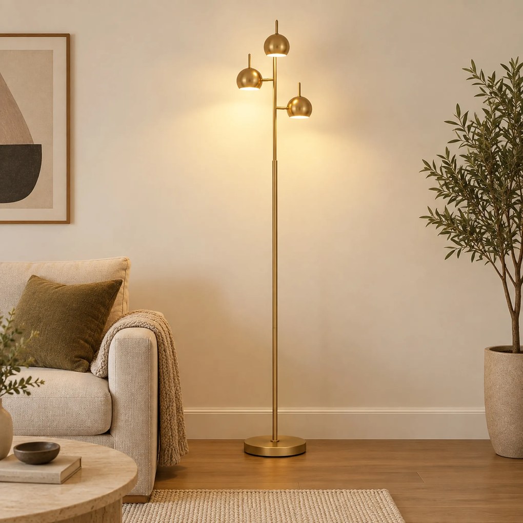 HOMCOM Stojací lampa 350° nastavitelná pro obývací pokoj a kancelář, stojací lampa se 3 stínidly z oceli, zlatá