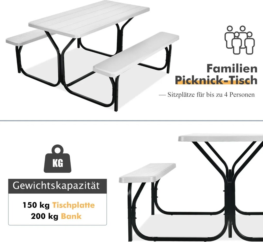 Costway Sada pivního stanu piknikový stůl a 2 lavice s kovovým rámem, bílý