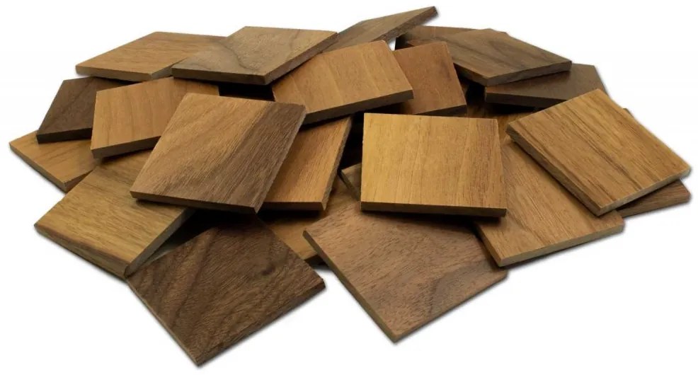 OŘECH 50, jednotlivé kusy 50 x 50 mm (0,0025 m²) nebo samolepící panel 300 x 300 mm (0,09 m²) - dřevěná mozaika 3D NA SAMOLEPÍCÍM PODKLADU Broušený - olejovaný