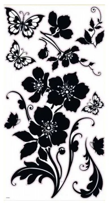Samolepící pokojová dekorace Květina a motýli černí
