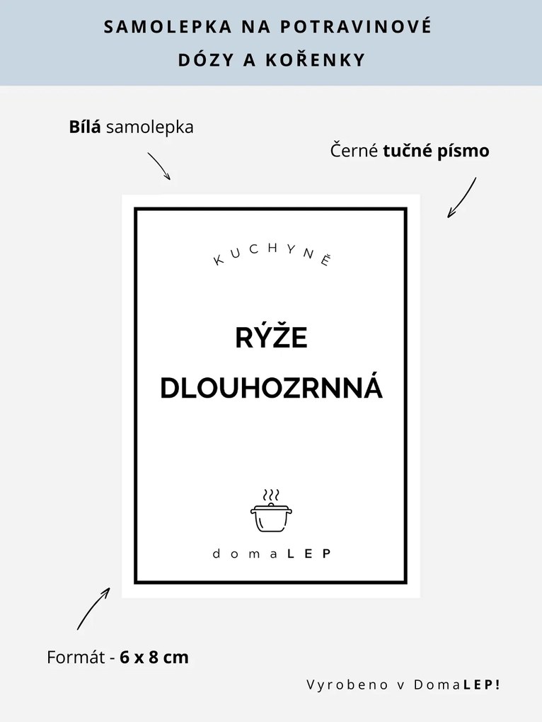 RÝŽE DLOUHOZRNNÁ– bílá samolepka na dózu, tučné písmo, 6 x 8 cm | DomaLEP