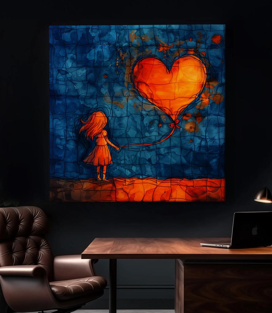 Obraz na plátně - Dívka a zářivé srdce balónek FeelHappy.cz Velikost obrazu: 100 x 100 cm