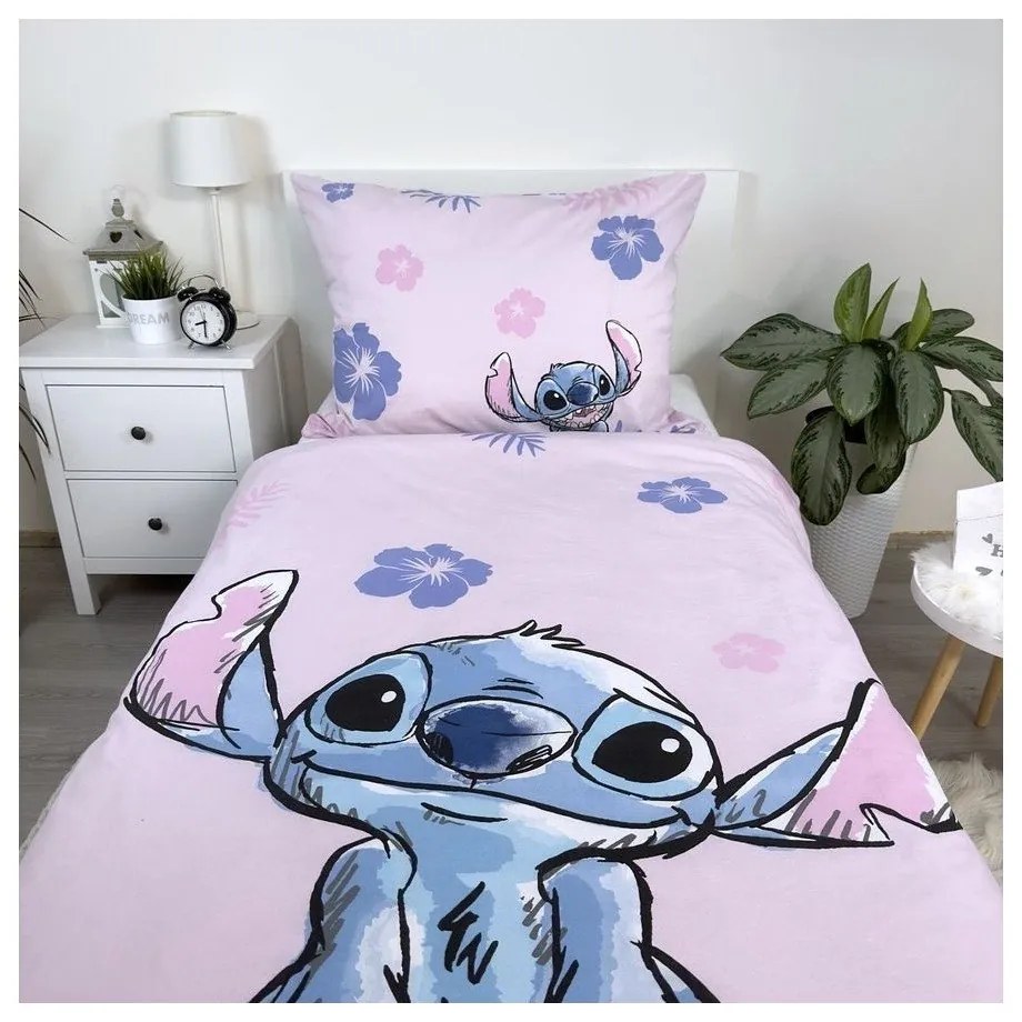 Světle růžové bavlněné dětské povlečení na jednolůžko 140x200 cm Lilo &amp; Stitch "Pink" – Jerry Fabrics