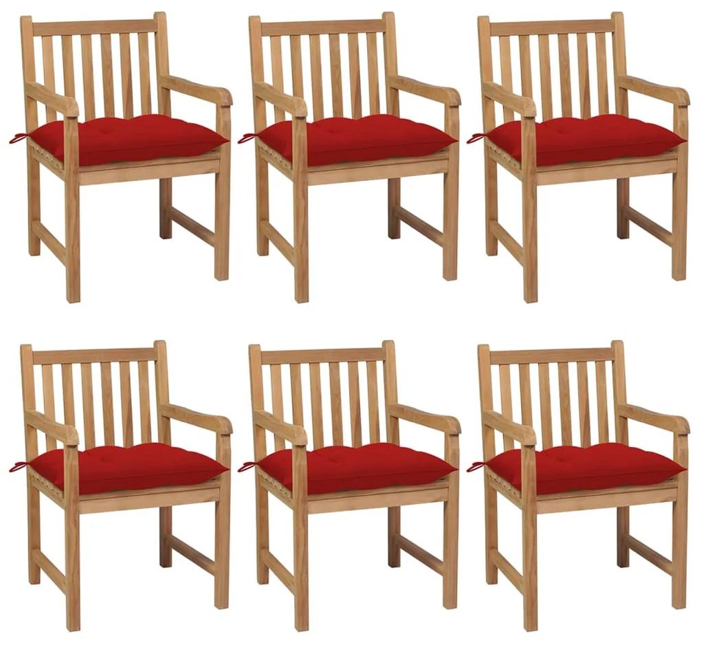 vidaXL Zahradní židle 6 ks červené podušky masivní teakové dřevo