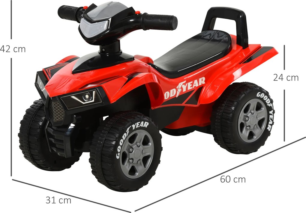 HOMCOM Dětský čtyřkolka bez pedálů pro děti od 18 do 36 měsíců, ATV se světly, klaksonem a tajným úložným prostorem 60x31x42 cm Červená