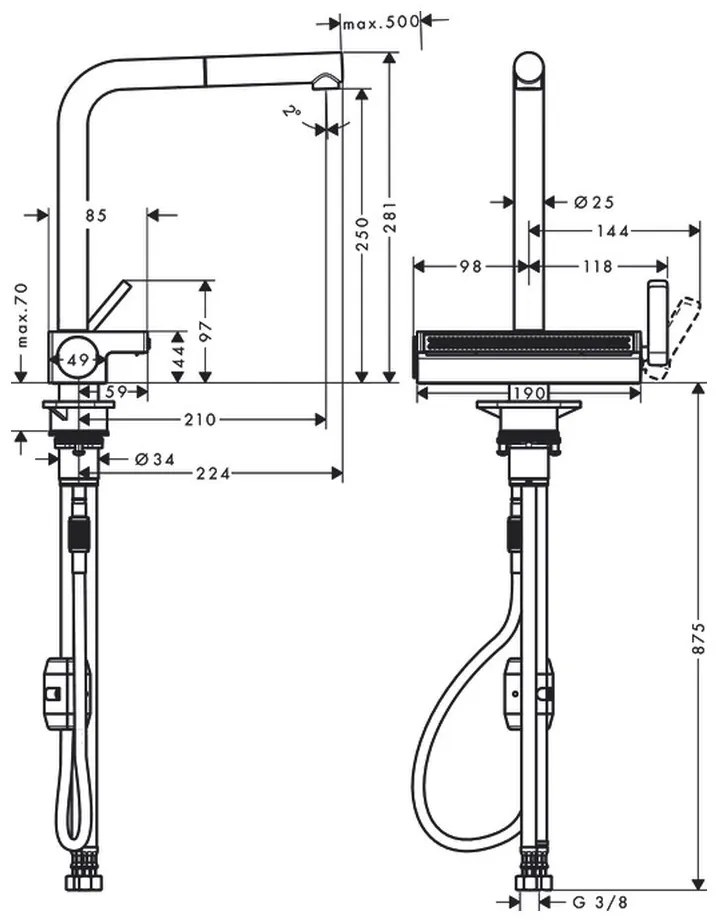 Hansgrohe Aquno Select M81 - Páková kuchyňská baterie 250, vytahovatelný výtok, 2jet, vzhled nerezu 73836800