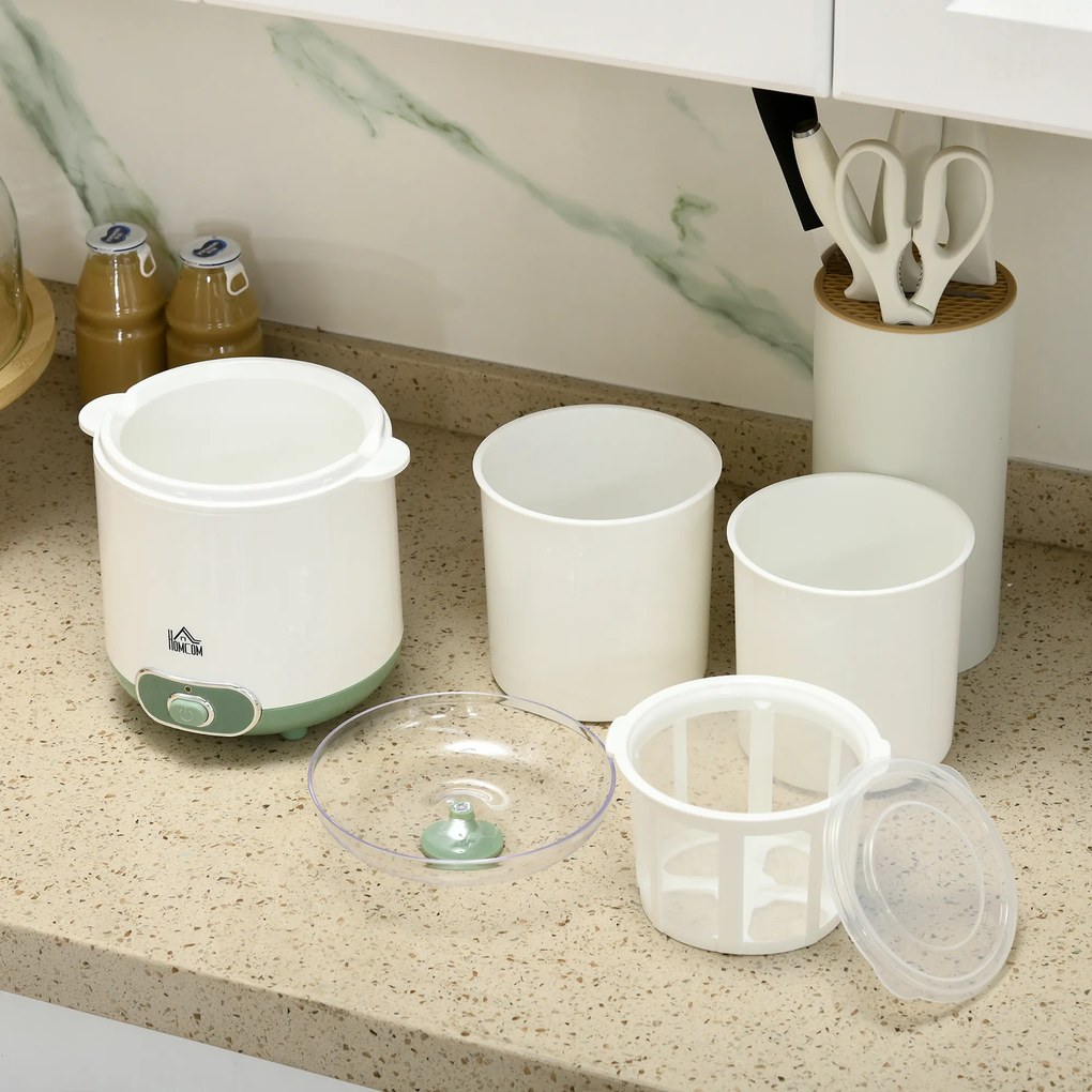 HOMCOM Přístroj na jogurt, 1,5 l jogurtovač s cedníkem, víkem, 20 W jogurtovač pro řecký jogurt, pro 3–5 osob, 19,5x17,5x21,4 cm, bílá