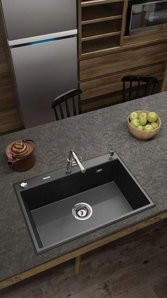 Deante Eridan, granitový dřez na desku 700x520x210 mm, 3,5" + prostorově úsporný sifon, 1-komorový, grafitová metalíza, ZQE_G103