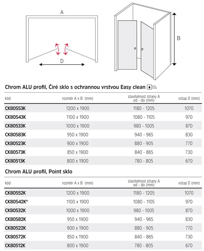 Mereo Lima sprchové dveře dvoukřídlé lítací 85x190 cm sklo Čiré ALU chrom CK80573K